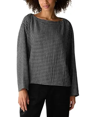 Eileen Fisher Wool Cotton Check Bateau Neck Boxy Top