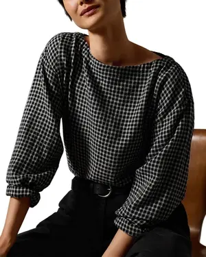 Eileen Fisher Wool Cotton Check Bateau Neck Boxy Top