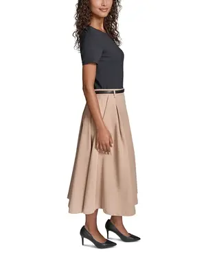 Karl Lagerfeld Paris Belted Mixed Media Midi Dress