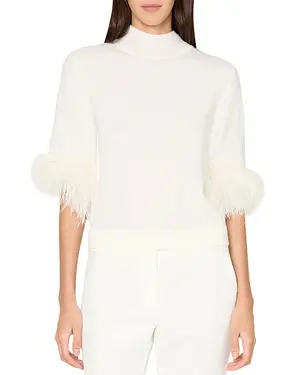 MILLY Feather Trim Short Sleeve Sweater - Ecru