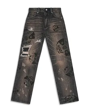RtA Cotton Logo Graphic Distressed Jeans - Charcoal Ember