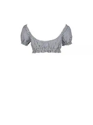 604SERVICE Gingham Puff-sleeve Cropped Top