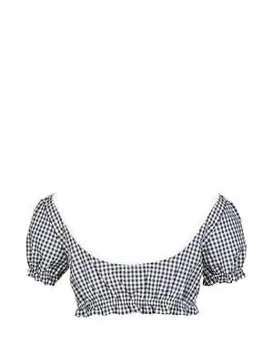 604SERVICE Gingham Puff-sleeve Cropped Top - Blue