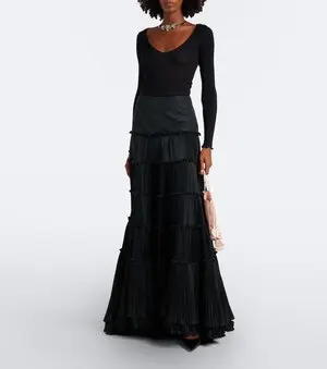 Blumarine Plissé Tiered Taffeta Maxi Skirt