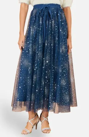 YUMI Star Sparkle Tulle Maxi Skirt - Navy