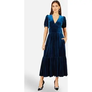 YUMI Puff Sleeve V-neck Velvet Midi Dress Teal