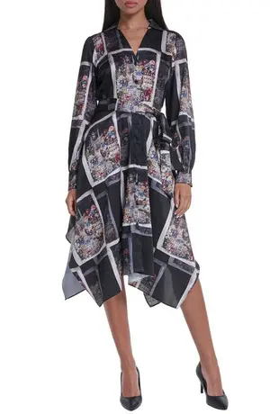 Karl Lagerfeld Paris Scarf Print Long Sleeve Handkerchief Hem Twill Shirtdress - Black Multi