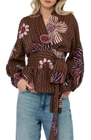 CIEBON Opal Floral Balloon Sleeve Wrap Top