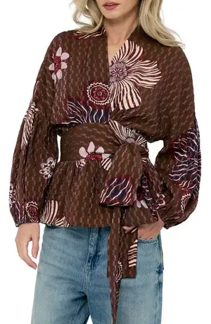 CIEBON Opal Floral Balloon Sleeve Wrap Top
