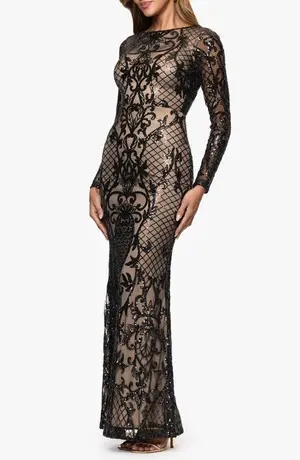 Betsy & Adam Sequin Placement Long Sleeve Gown