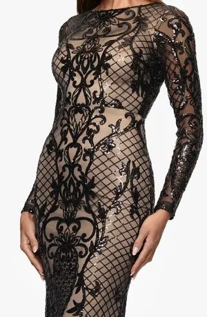 Betsy & Adam Sequin Placement Long Sleeve Gown
