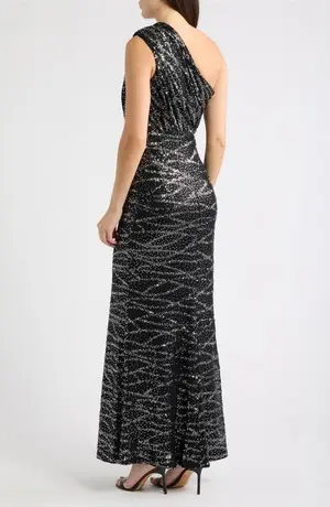 Eliza J Sequin One-shoulder Gown With High Slit