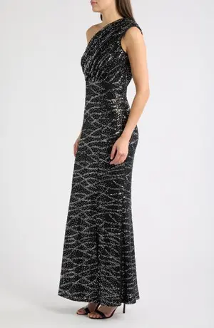 Eliza J Sequin One-shoulder Gown With High Slit