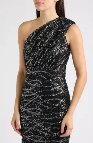 Eliza J Sequin One-shoulder Gown With High Slit