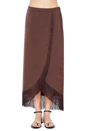 CIEBON Sana Fringe Trim Satin Midi Skirt