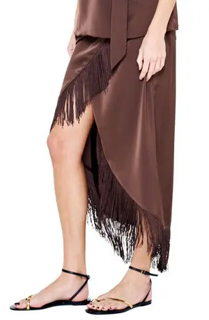 CIEBON Sana Fringe Trim Satin Midi Skirt