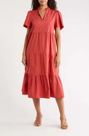 SUGARLIPS Puff Sleeve Tiered Cotton Dress - Brick