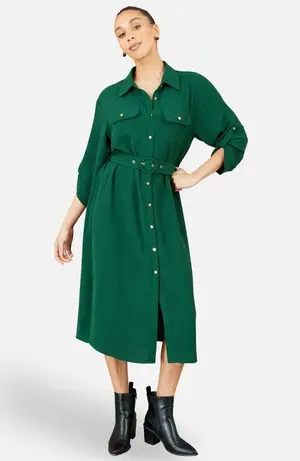 YUMI Stretch Midi Shirt Dress - Green
