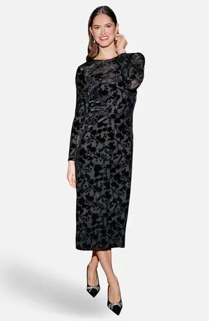 YUMI Burnout Floral Velvet Midi Dress - Black