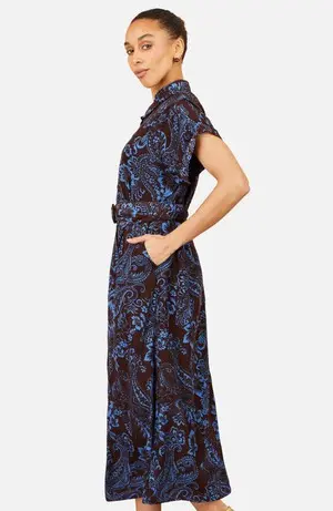 YUMI Paisley Belted Midi Shirt Dress
