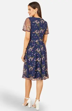 YUMI Embroidered Floral Mesh Fit-and-flare Dress - Navy