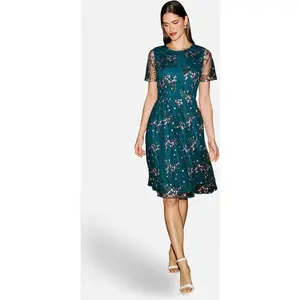 YUMI Yumi Embroidered Floral Mesh Fit-and-Flare Dress Teal