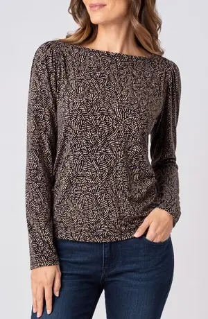 LIVERPOOL Abstract Print Knit Boat Neck Long Sleeve Top - Tan/blk Multi