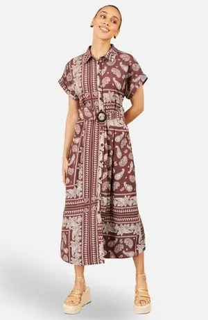 YUMI Paisley Print Midi Shirt Dress - Brown