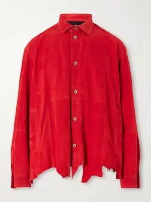 ADON Distressed Suede Overshirt - Red