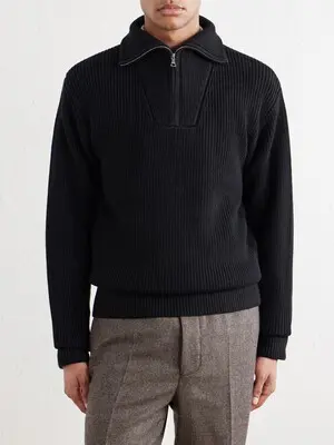 Officine Générale Tarek Ribbed Merino Wool Half-zip Sweater - Black