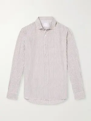 Eleventy Striped Lyocell And Cotton-blend Shirt - Brown