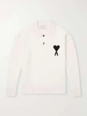 AMI Paris Logo-intarsia Wool Polo Sweater - Cream