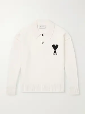 AMI Paris Logo Intarsia Wool Polo Sweater - Neutrals