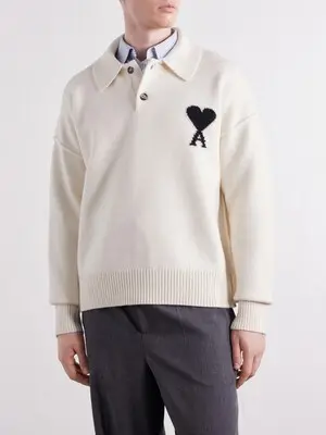 AMI Paris Logo Intarsia Wool Polo Sweater