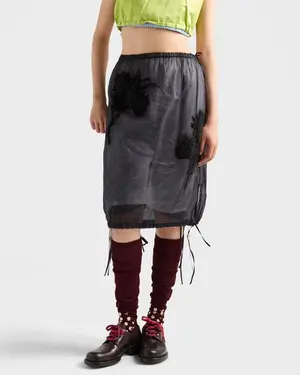 Prada Embroidered Organdy Midi Skirt - Black