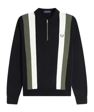 Fred Perry Striped Cotton Zipup Polo Shirt - Black