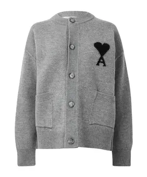 AMI Paris Crewneck Knit Cardigan - Gray