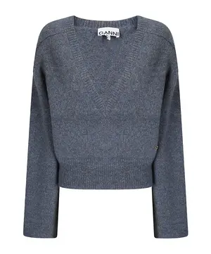 GANNI Ribbed V-neck Knitted Sweater - Gray