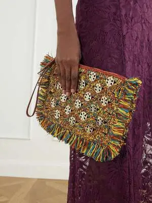 Rabanne Leather-trimmed Pailette-embellished Woven Raffia Clutch Bag