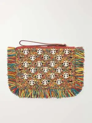 Rabanne Leather-trimmed Pailette-embellished Woven Raffia Clutch Bag