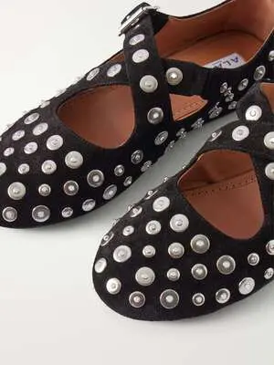 Alaïa Criss Cross Embellished Suede Ballet Flats