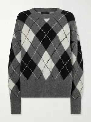 NILI LOTAN Donnika Argyle Checked Cashmere And Silk-blend Sweater - Gray