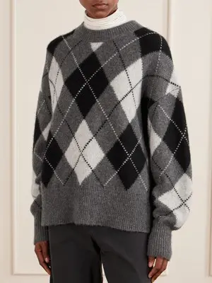 NILI LOTAN Donnika Argyle Checked Cashmere And Silk-blend Sweater - Gray