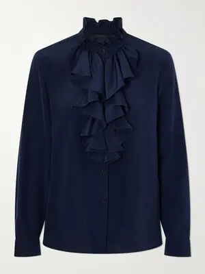 NILI LOTAN Ruffled Silk-satin Blouse - Blue