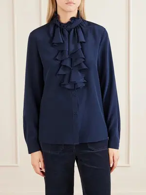 NILI LOTAN Ruffled Silk-satin Blouse - Blue
