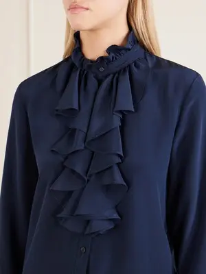 NILI LOTAN Ruffled Silk-satin Blouse - Blue