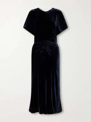 Victoria Beckham Bela Gathered Velvet Midi Dress - Navy