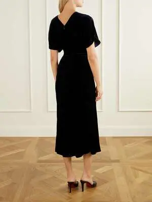 Victoria Beckham Bela Gathered Velvet Midi Dress - Navy
