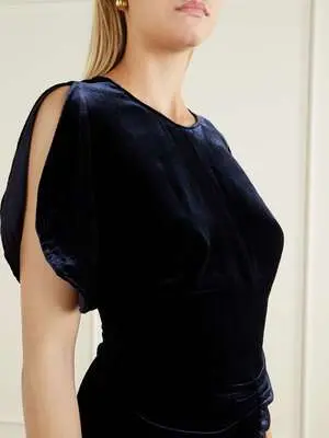 Victoria Beckham Bela Gathered Velvet Midi Dress - Navy