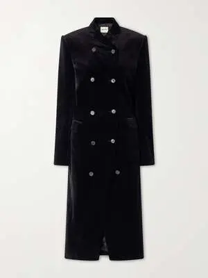 Khaite Rolon Velvet Cotton-blend Double-breasted Long Coat - Black